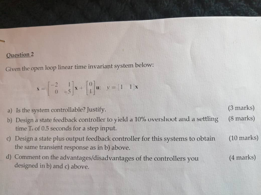Solved Question 2 Given The Open Loop Linear Time Invariant