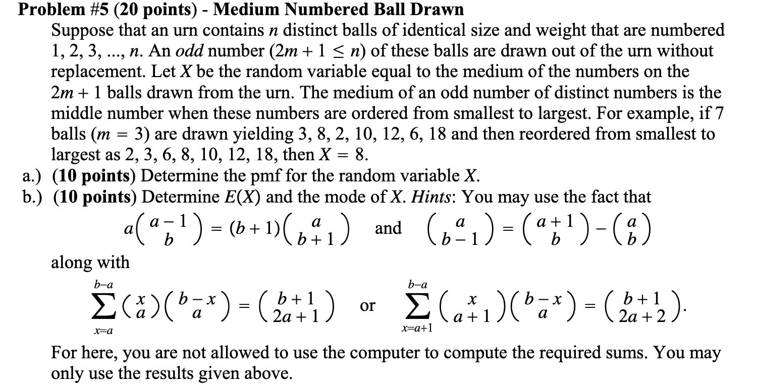 Solved Problem \#5 (20 points) - Medium Numbered Ball Drawn | Chegg.com