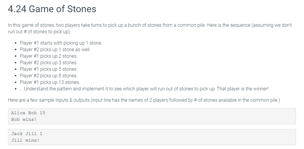 Solved 4.24 Game of Stones In this game of stones, two | Chegg.com