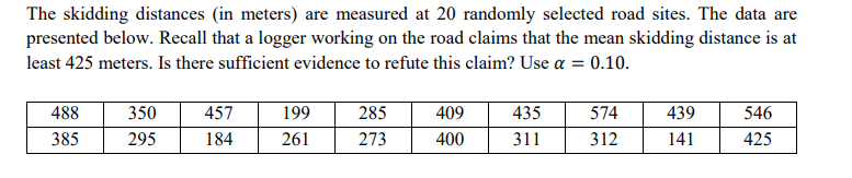 Solved The skidding distances (in meters) are measured at 20 | Chegg.com