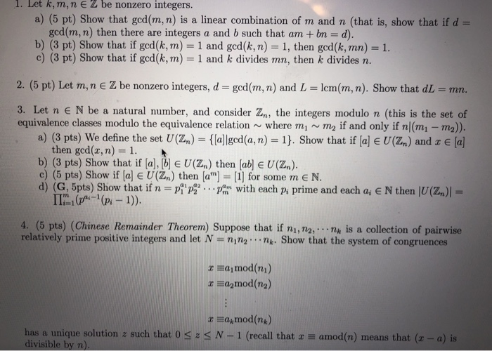 Solved 1. Let k, m, n Z be nonzero integers. a) (5 pt) Show | Chegg.com