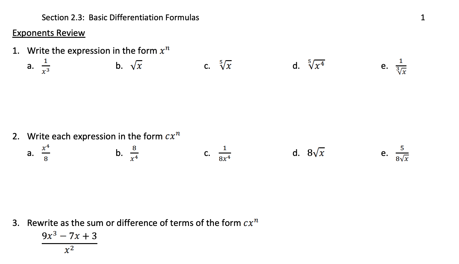 Solved 1. Write the expression in the form xn a. x31 b. x c. | Chegg.com