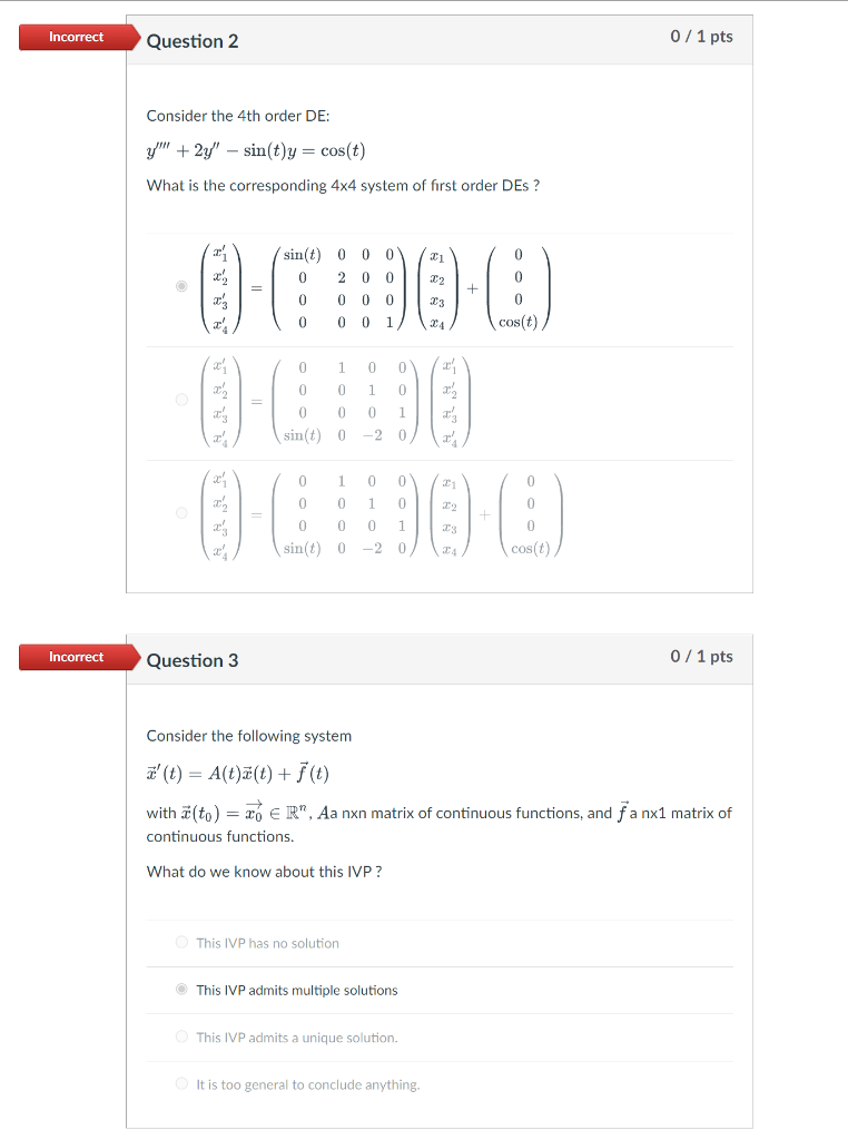 Solved Consider the 4th order DE: y′′′′+2y′′−sin(t)y=cos(t) | Chegg.com