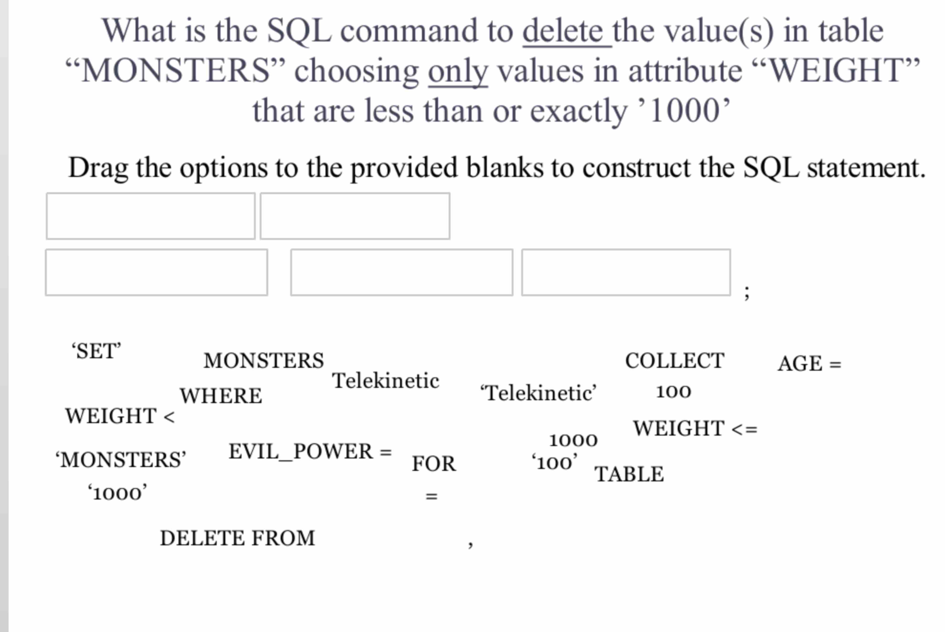 Solved What is the SQL command to delete the value(s) ﻿in | Chegg.com