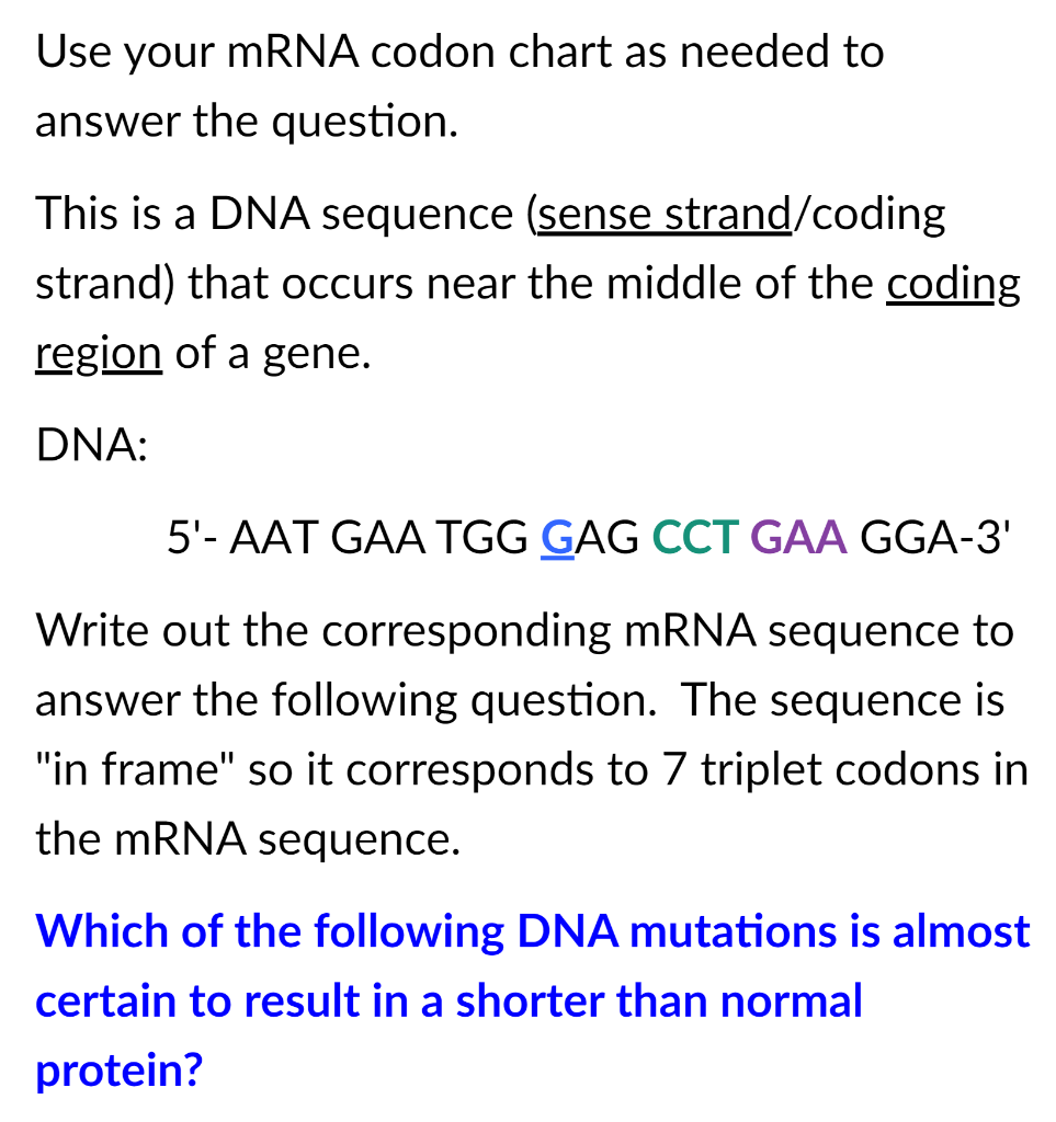 Solved Use your mRNA codon chart as needed to answer the | Chegg.com