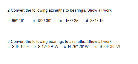 Solved 2 Convert the following azimuths to bearings. Show | Chegg.com