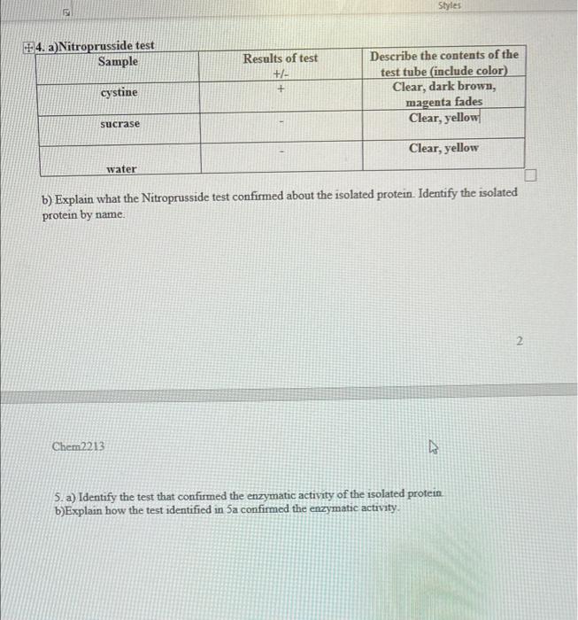 Solved Styles 154 +4. a)Nitroprusside test Sample Results of | Chegg.com