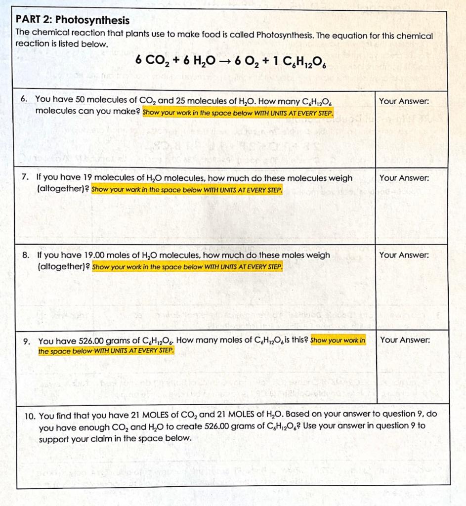 Solved PART 2: Photosynthesis The chemical reaction that | Chegg.com
