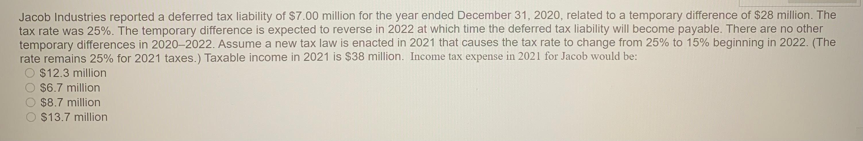 Solved Jacob Industries reported a deferred tax liability of | Chegg.com
