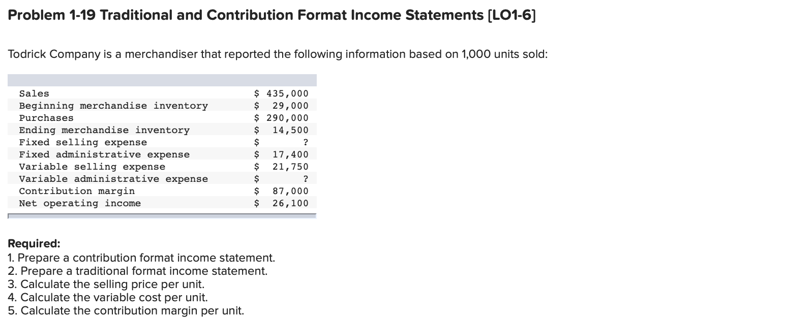 Solved Problem 1-19 Traditional and Contribution Format | Chegg.com