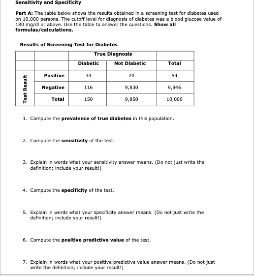 Solved Sensitivity and Specificity Part A: The table below | Chegg.com