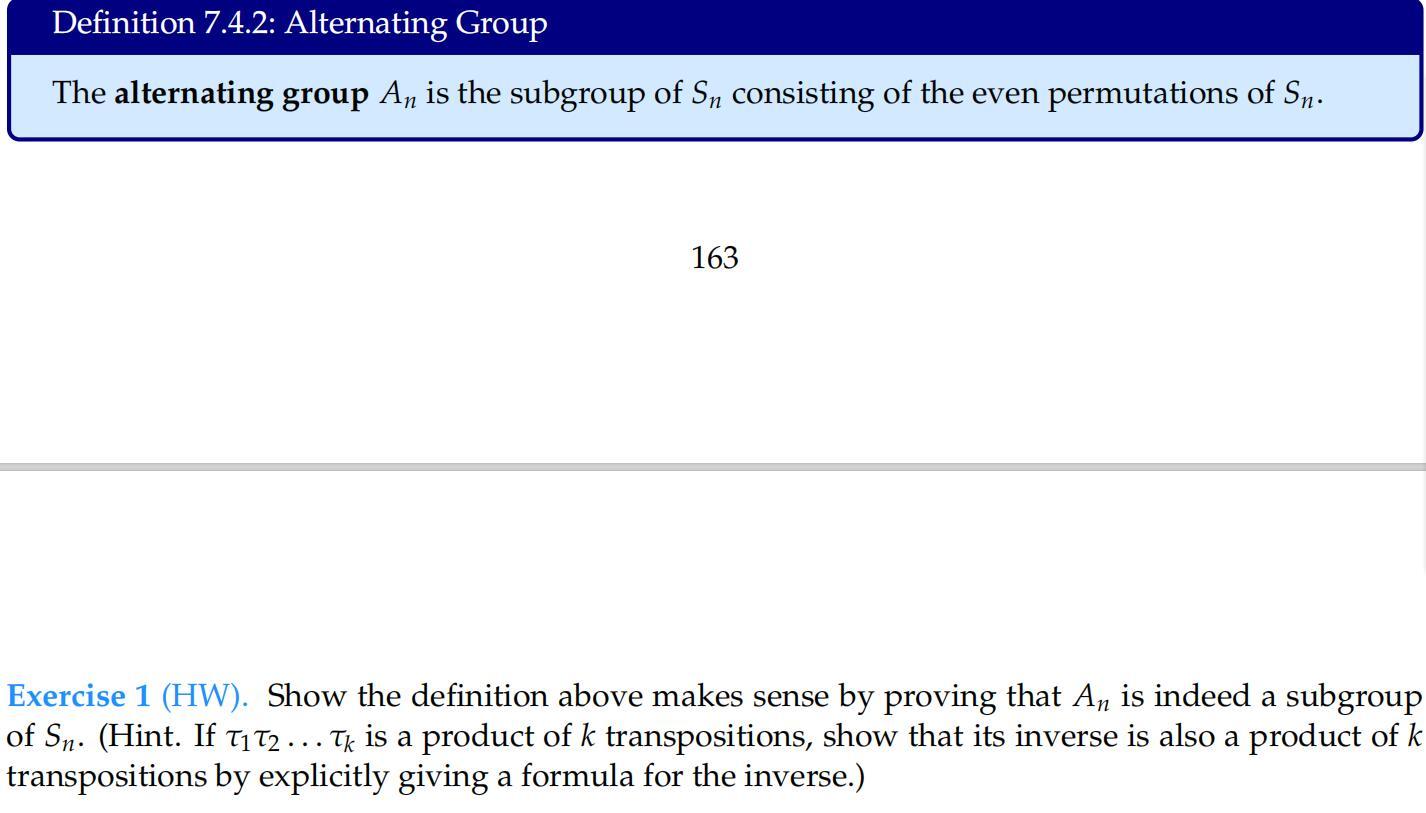 Solved Definition 7.4.2: Alternating Group The alternating | Chegg.com