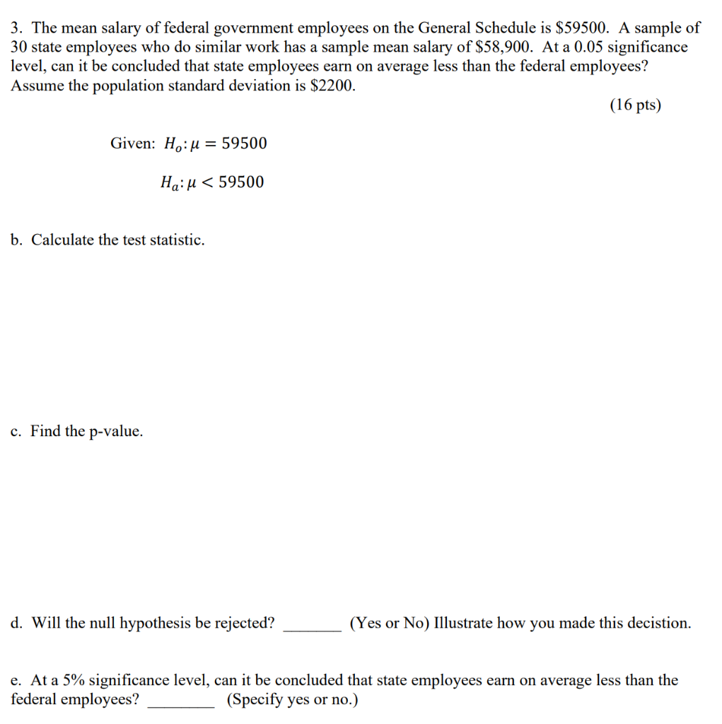 Solved 3. The mean salary of federal government employees on | Chegg.com