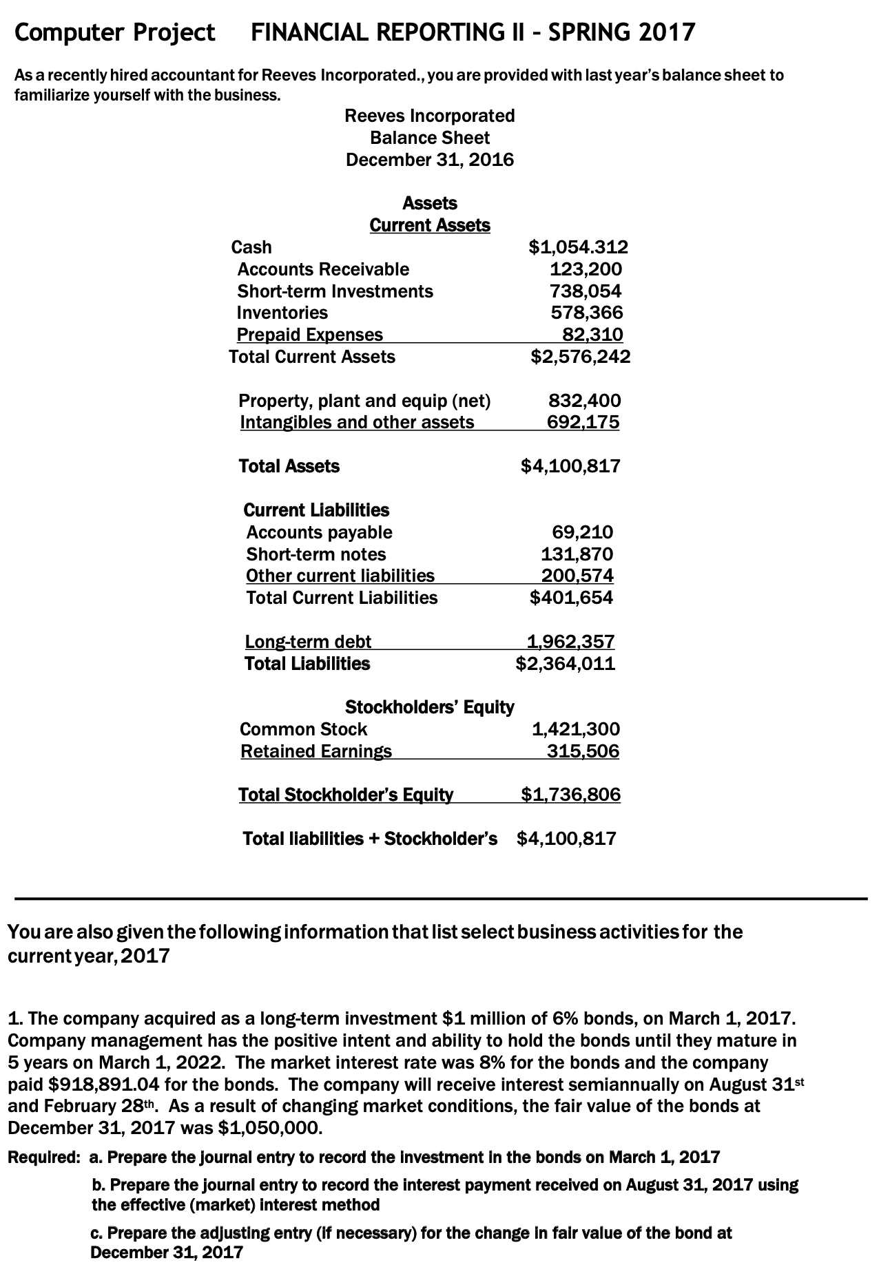 Solved Computer Project FINANCIAL REPORTING II - SPRING 2017 | Chegg.com