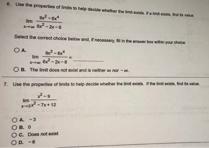 Solved 6. Use the properties of limits to help decide | Chegg.com