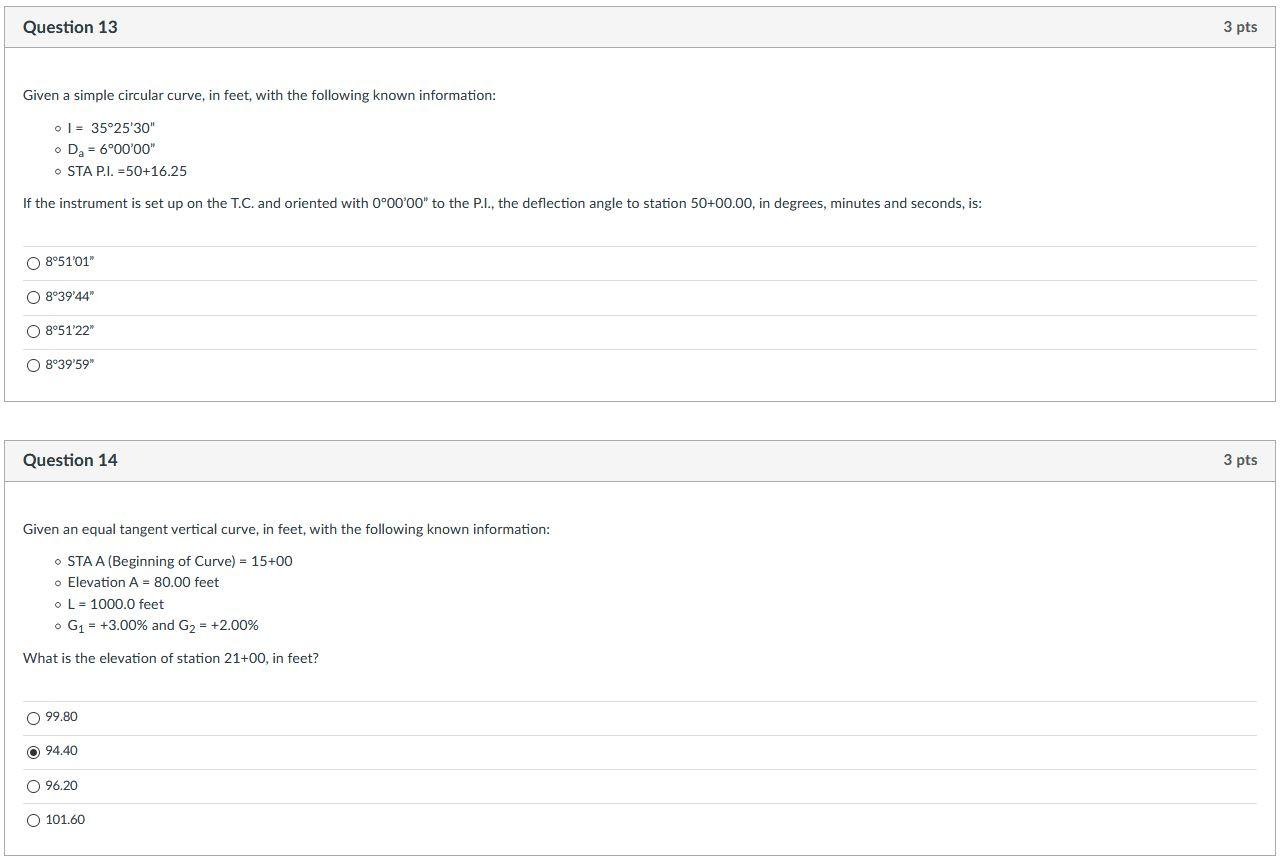 Solved Question 13 3 pts Given a simple circular curve, in | Chegg.com