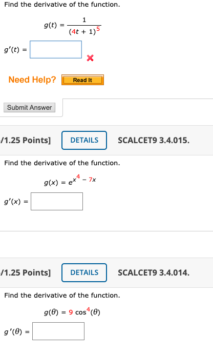 Solved Find the derivative of the function. 1 g(t) (4t + 195 | Chegg.com
