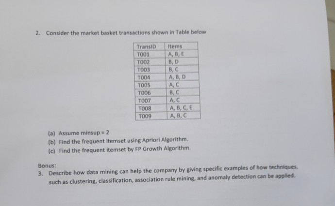 2. Consider the market basket transactions shown in | Chegg.com