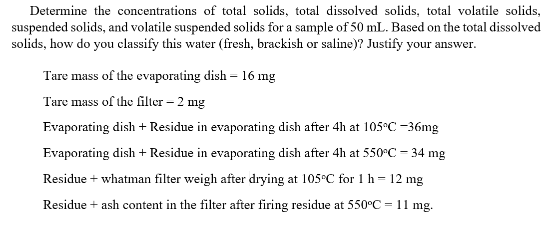Solved Determine the concentrations of total solids, total | Chegg.com