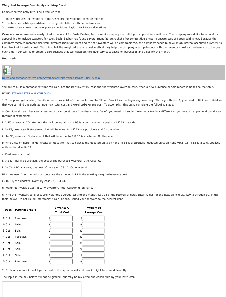 Weighted Average Cost Analysis Using Excel Completing | Chegg.com