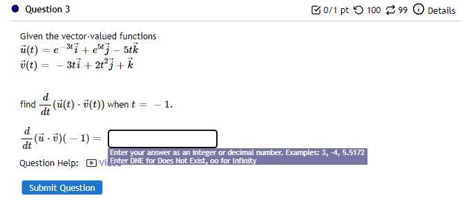 Solved Given the vector-valued functions u(t)=e−3ti+e5tj−5tk | Chegg.com