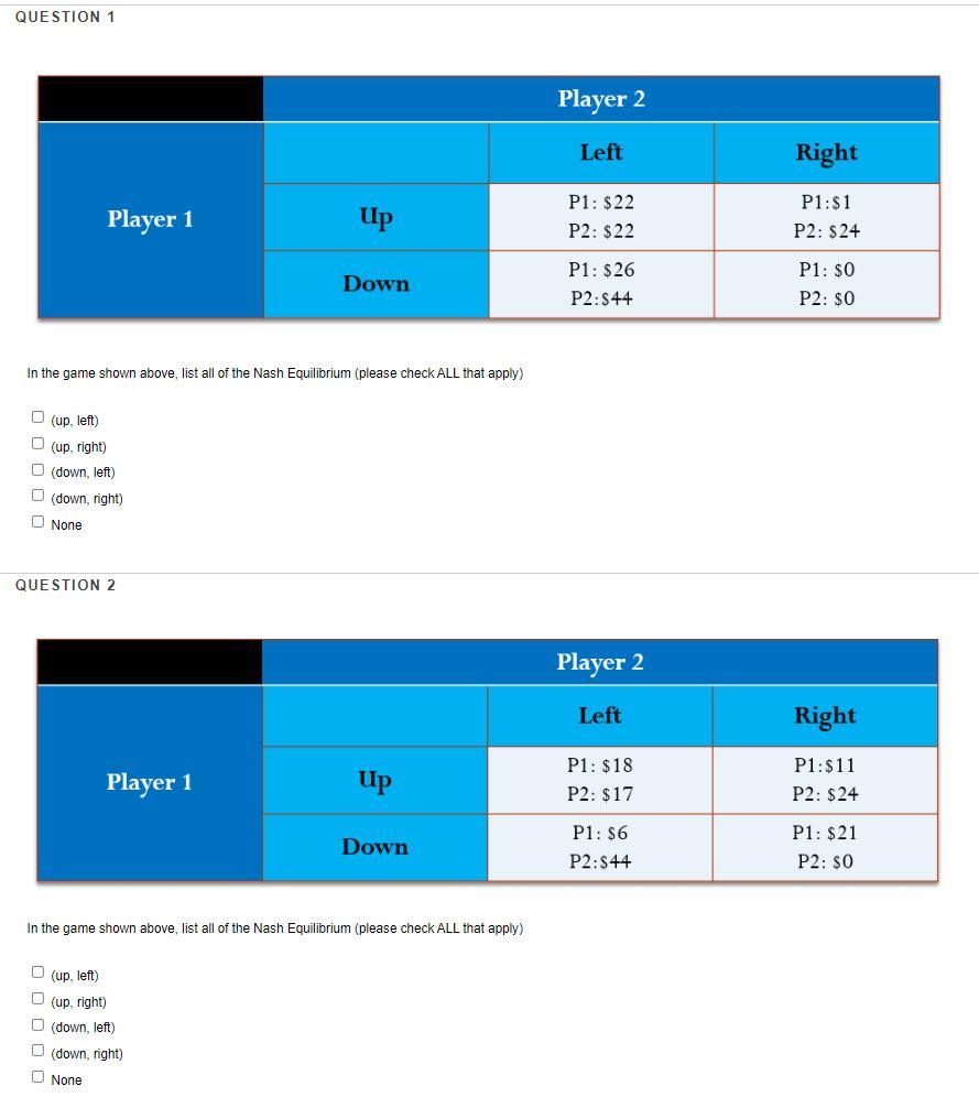 Solved QUESTION 1 Player 1 Up Down In the game shown above, | Chegg.com