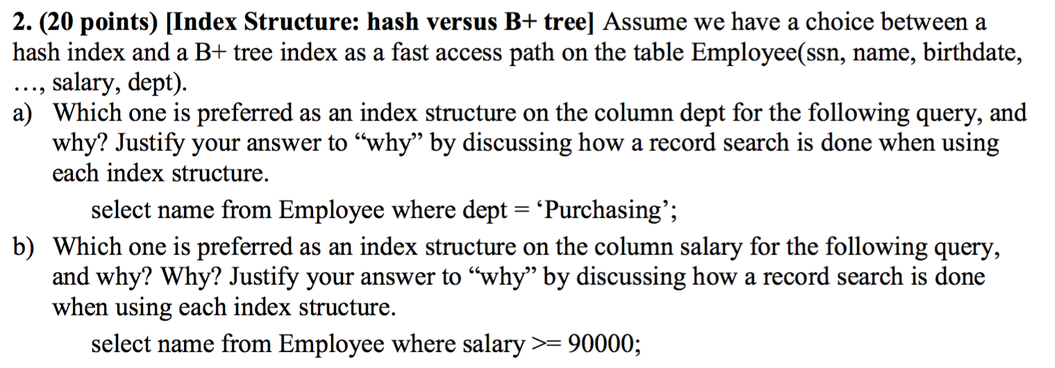 Solved 2. (20 points) [Index Structure: hash versus B+ tree) | Chegg.com