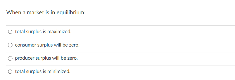 Solved When a market is in equilibrium: total surplus is | Chegg.com
