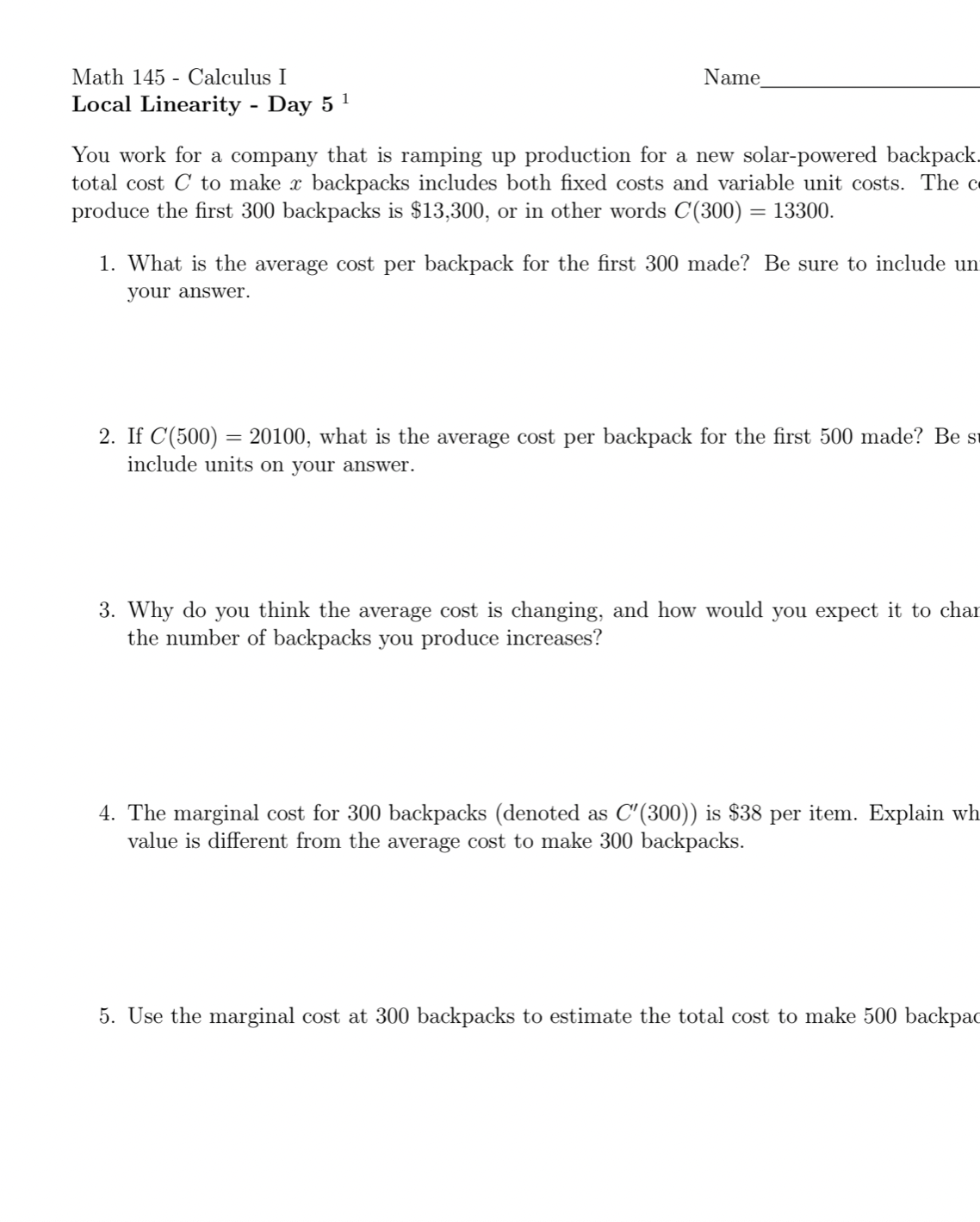 Solved Name Math 145 - Calculus I Local Linearity - Day 5 1 | Chegg.com