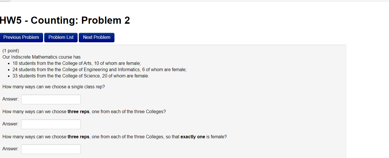 Solved HW5 - Counting: Problem 2 Previous Problem Problem | Chegg.com