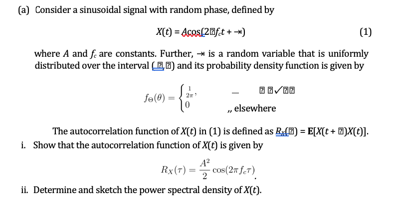 Solved (a) Consider a sinusoidal signal with random phase, | Chegg.com
