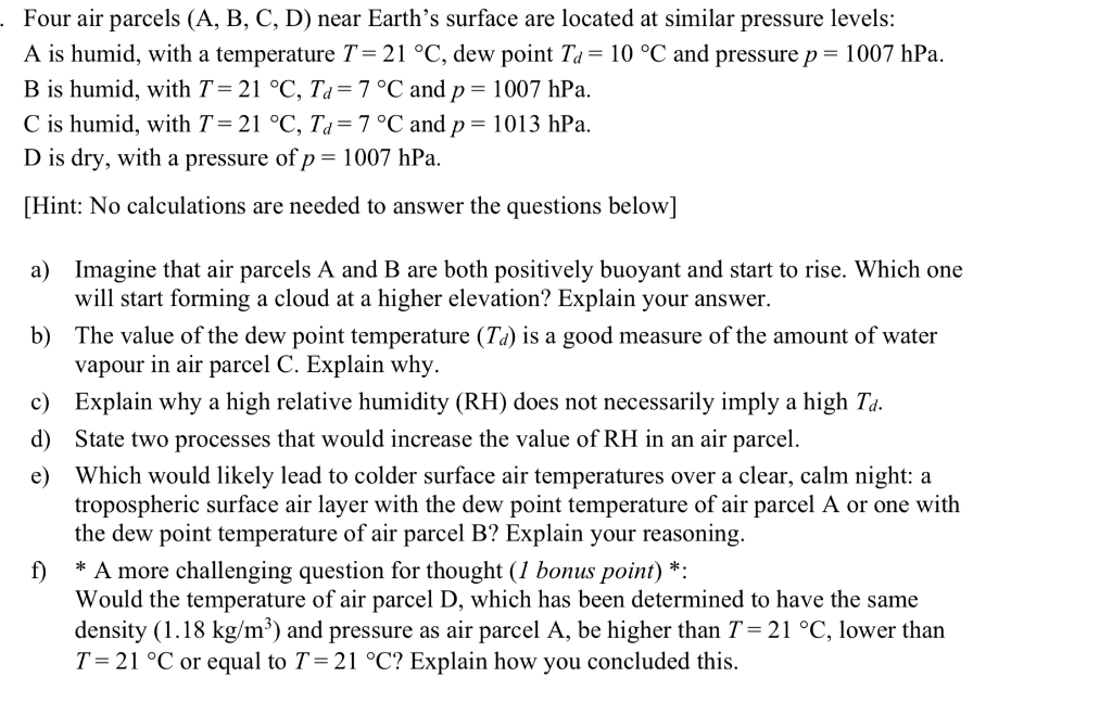 Solved · Four air parcels (A, B, C, D) near Earth's surface | Chegg.com