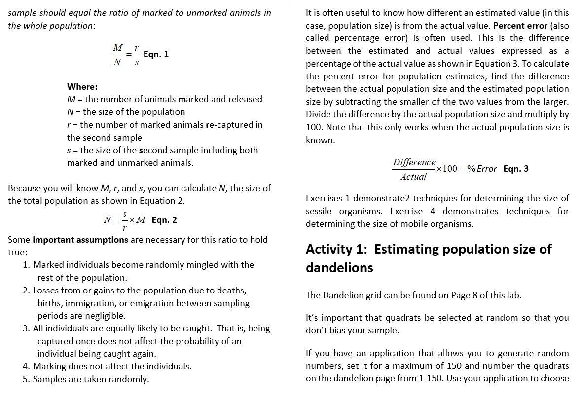 Solved 2.1 Estimating Population Sizes Goals & Objectives: | Chegg.com