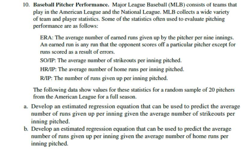 Solved 10. Baseball Pitcher Performance. Major League | Chegg.com