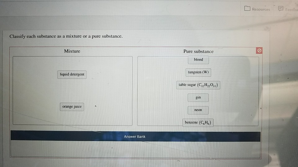Solved Resources El Feedba Classify each substance as a | Chegg.com
