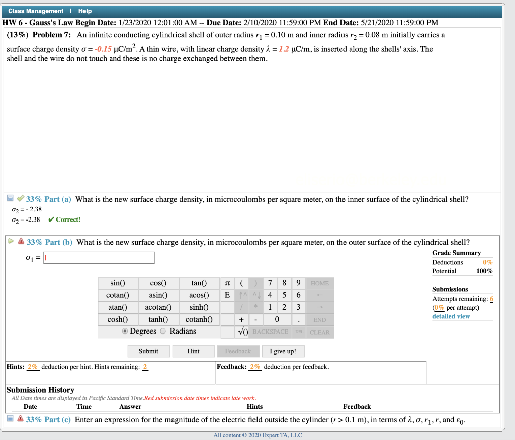 Solved Class Management | Help HW 6 - Gauss's Law Begin | Chegg.com