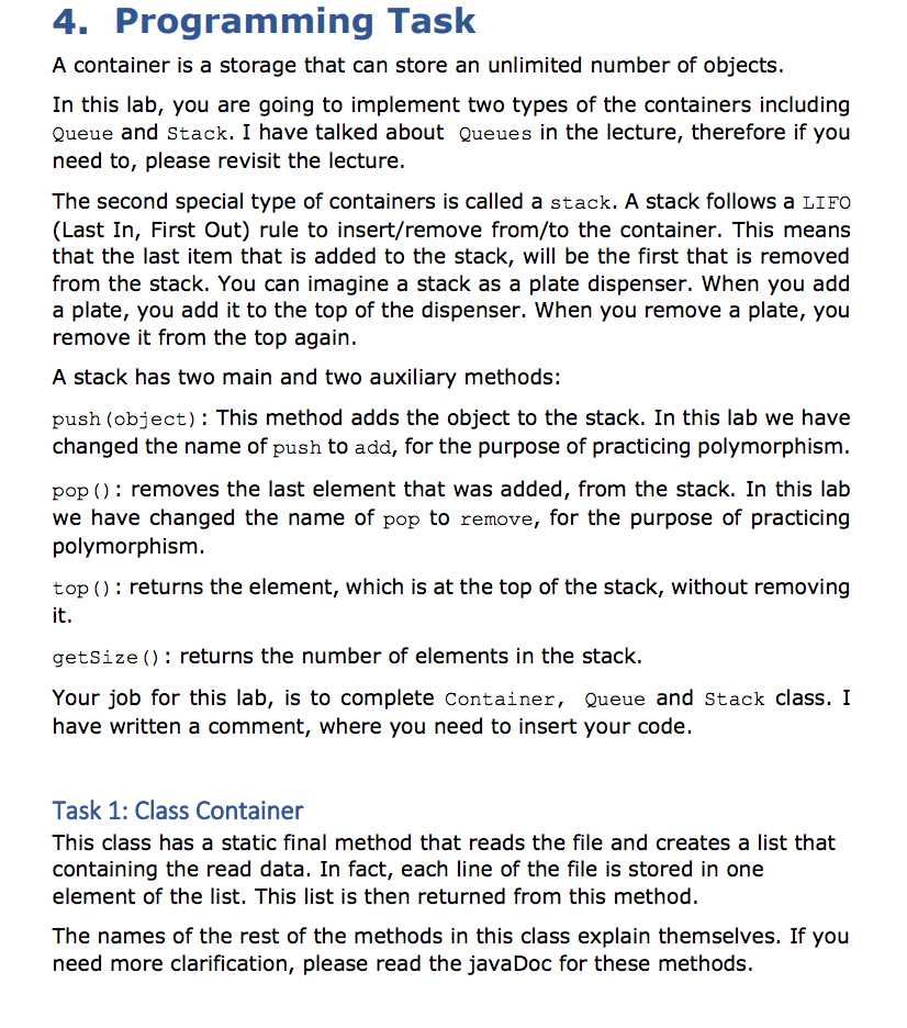 Solved 4. Programming Task A container is a storage that can | Chegg.com