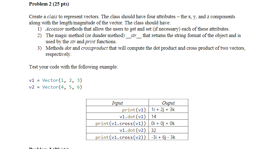 Solved Create a class to represent vectors. The class should | Chegg.com