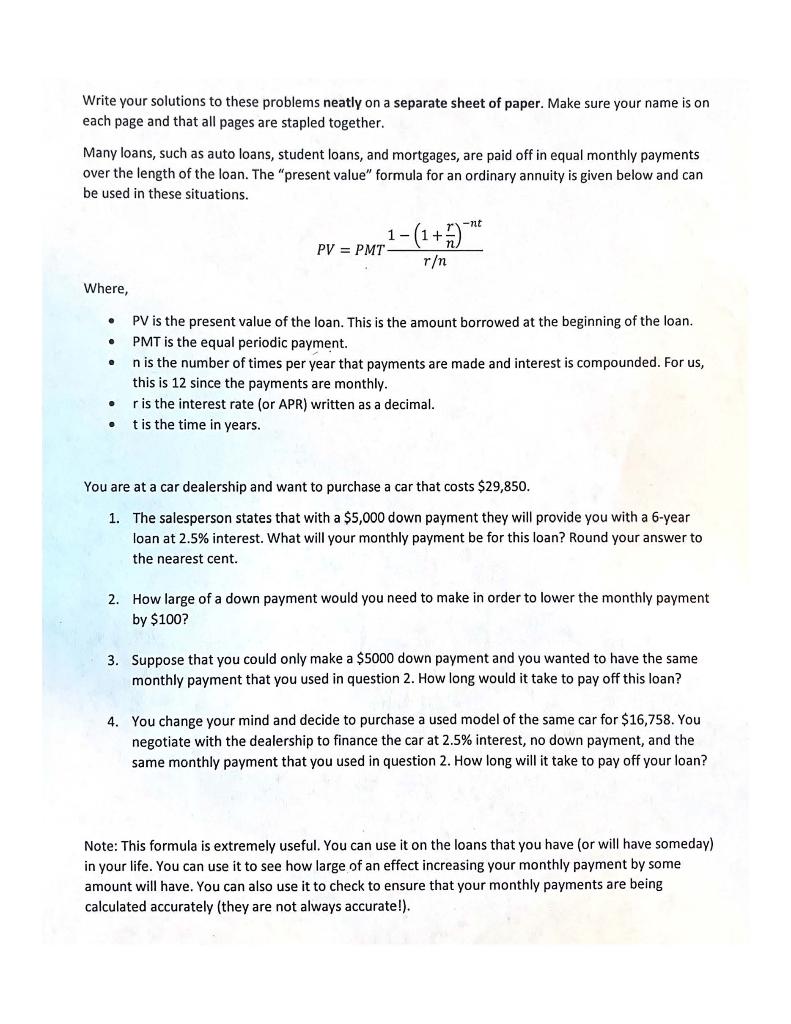 Solved Write your solutions to these problems neatly on a | Chegg.com