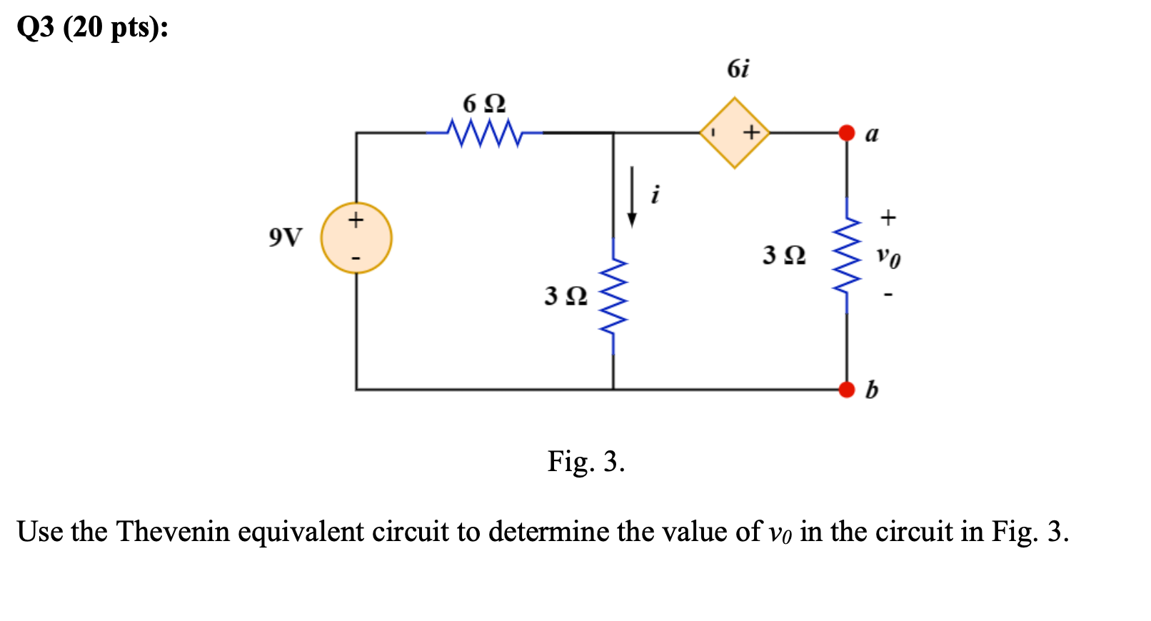Solved Q3 (20 pts): Fig. 3. Use the Thevenin equivalent | Chegg.com