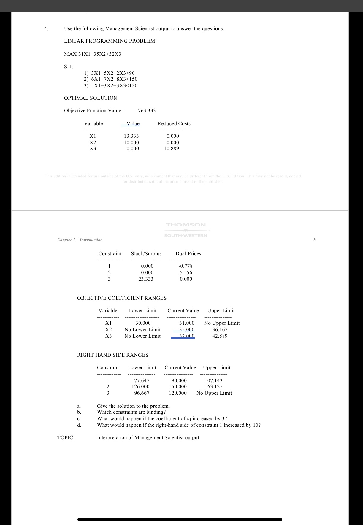 Solved 4. Use the following Management Scientist output to | Chegg.com