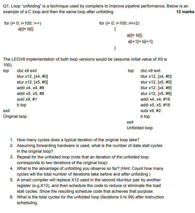 Q1. Loop "unfolding" is a technique used by compilers | Chegg.com