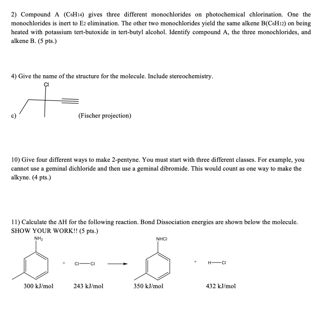 Solved 2) Compound A (C6H14) gives three different | Chegg.com