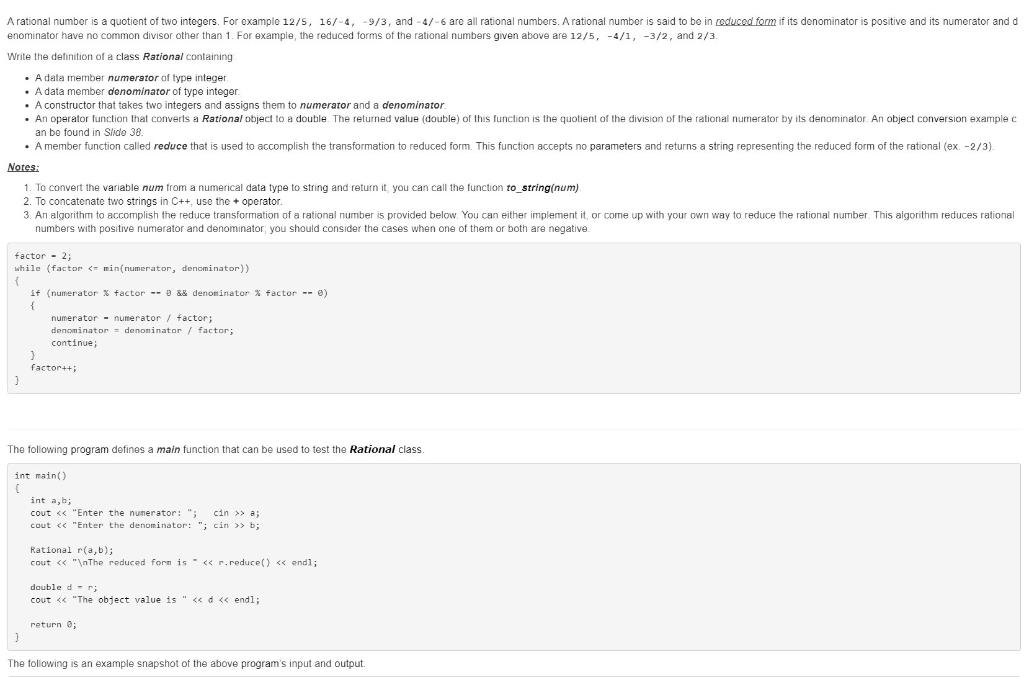 Solved Modify the Rational class from the previous task to | Chegg.com