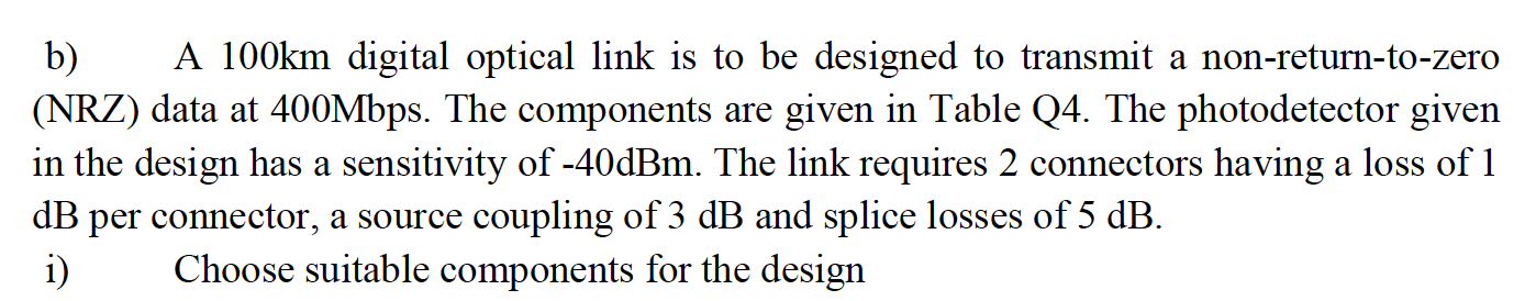 b) ﻿A 100 ﻿km digital optical link is to be designed | Chegg.com