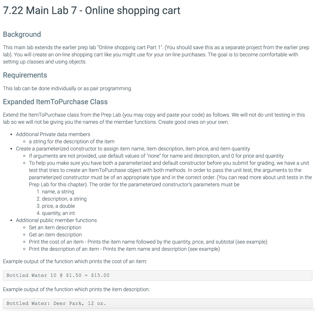 Solved 7.22 Main Lab 7 - Online shopping cart Background | Chegg.com