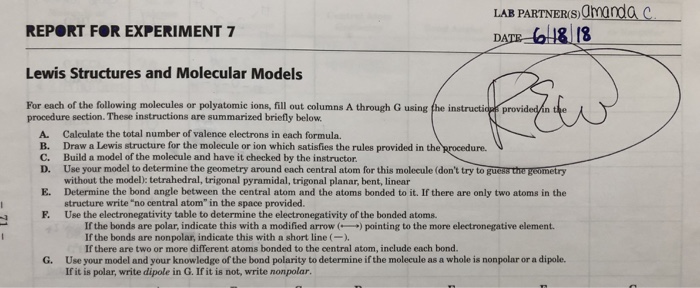 Solved LAB PARTNERIS)Omada REPORT FOR EXPERIMENT 7 Lewis | Chegg.com