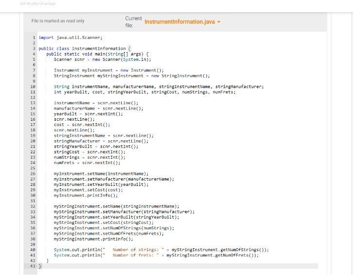 Solved 8.10 LAB: Instrument information (derived classes) | Chegg.com