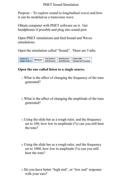 PHET Sound Simulation Purpose To explore sound (a | Chegg.com