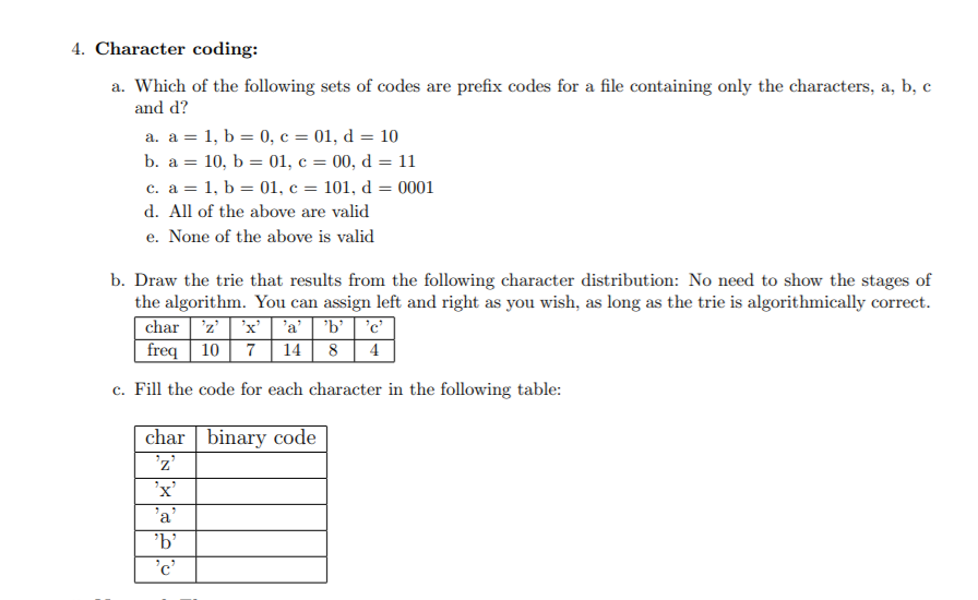 Solved 4. Character coding: a. Which of the following sets | Chegg.com